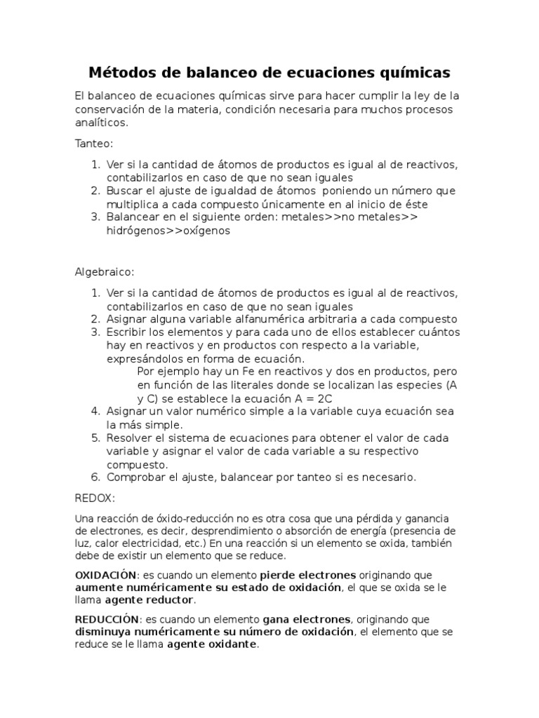 Métodos de Balanceo de Ecuaciones Químicas | PDF | Redox | Estequiometría