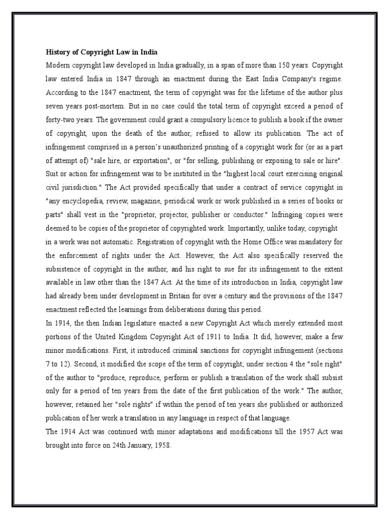 History of Copyright Law in India Project Ipr | PDF | Copyright Act Of ...