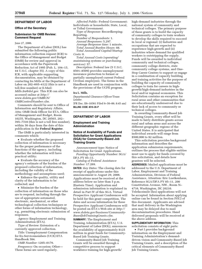 Notice: Grants and Cooperative Agreements Availability, Etc.: Community-Based Job Training ...