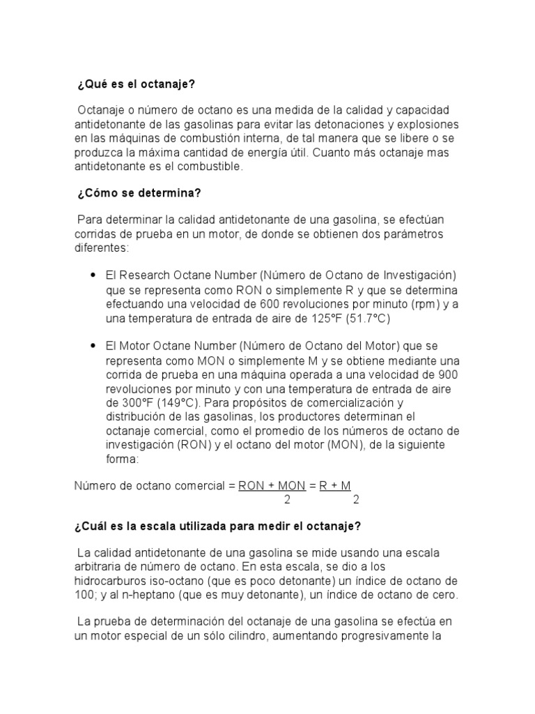 Definición y Medición del Octanaje | PDF | Gasolina | Motor de ...