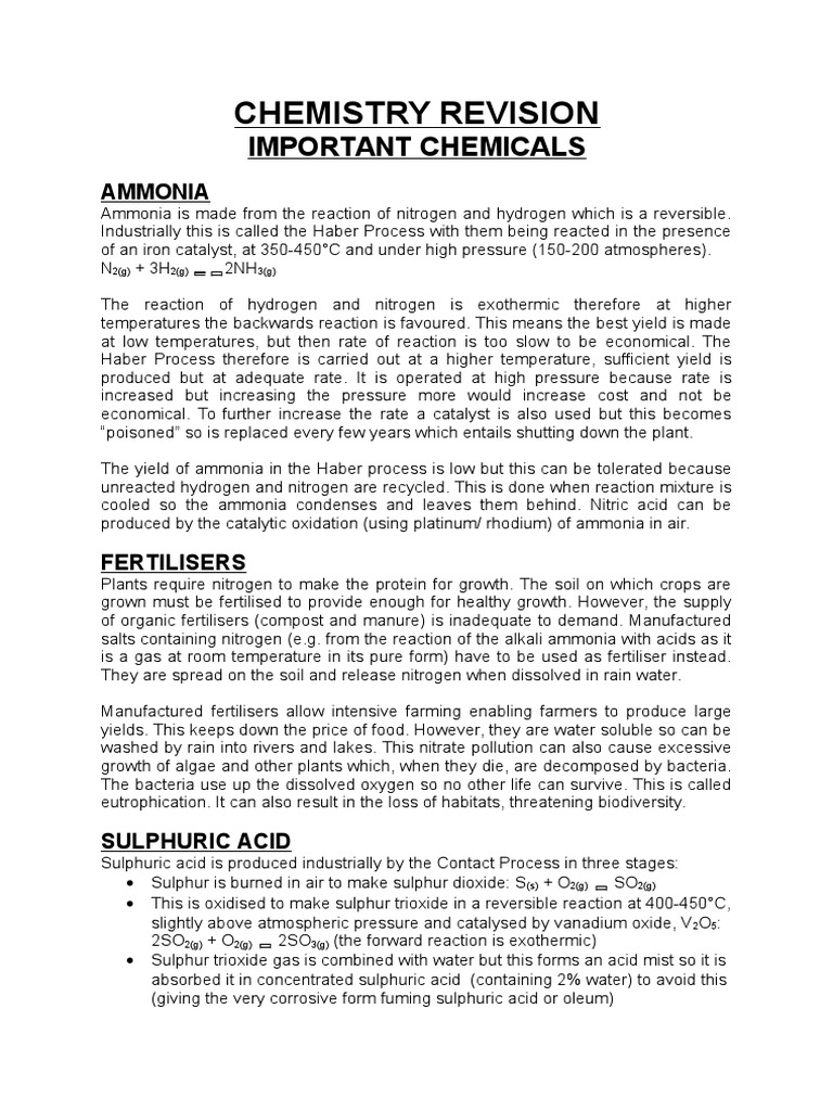 Chemistry - Important Chemicals | PDF | Sulfuric Acid | Nitrogen