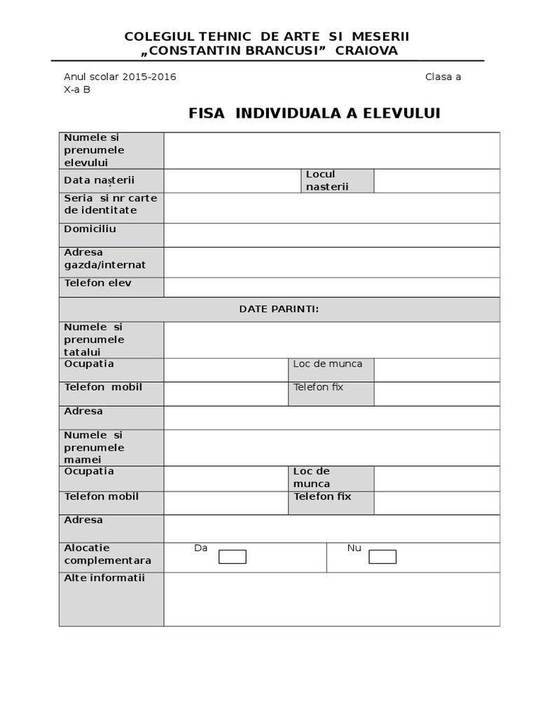 Fisa Individuala | PDF