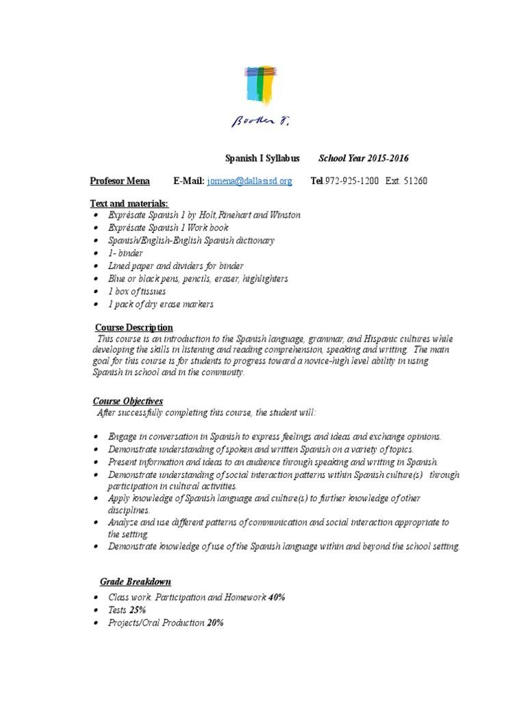Spanish I Course Syllabus 2015-2016 | PDF | Homework | Spanish Language