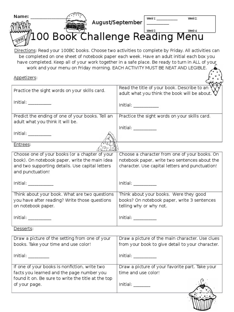 Kids' 100 Book Challenge Menu | PDF | Language Arts & Discipline