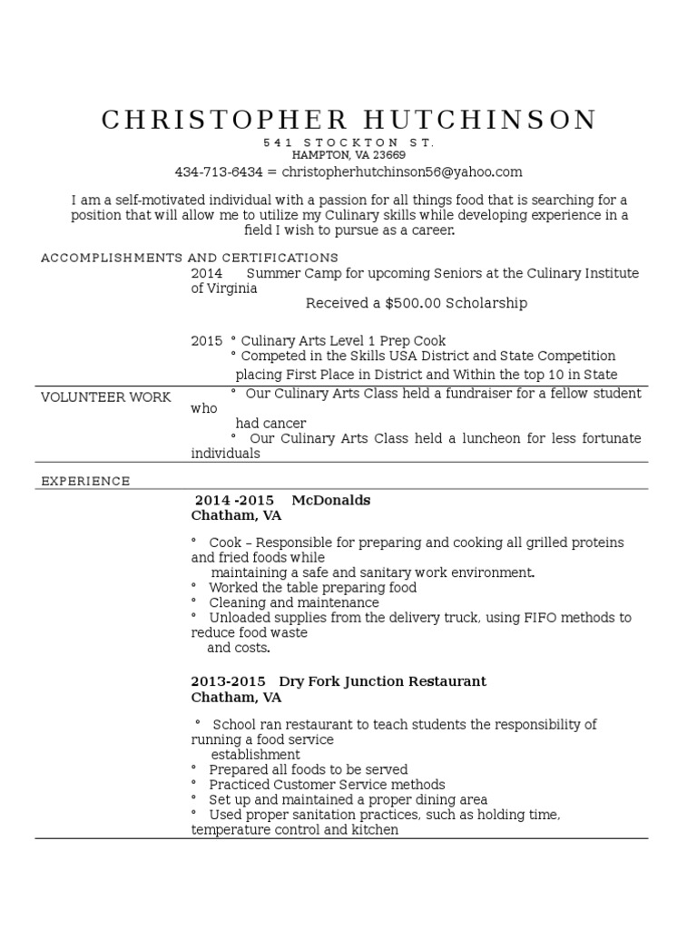 Culinary Skills Resume of Christopher Hutchinson | PDF