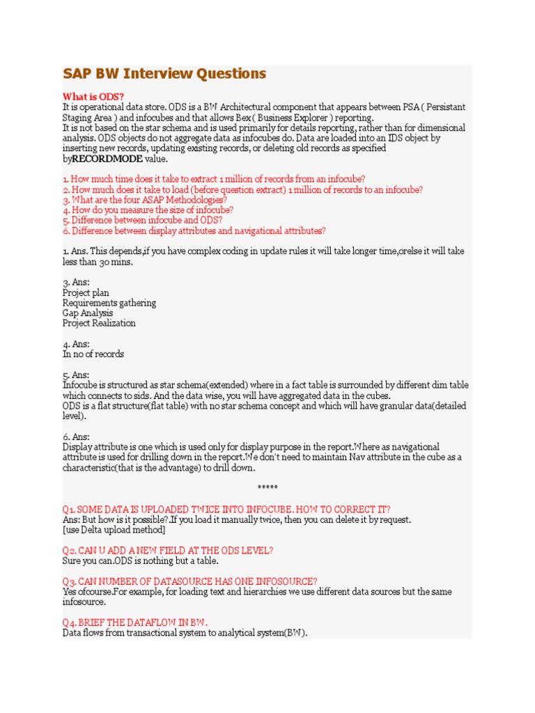 SAP BW Interview Questions: What Is ODS? | PDF | Performance Indicator | Database Index