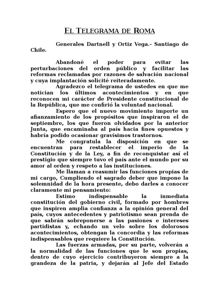 Telegrama de Alessandri a Chile 1925 | PDF | Constitución | Gobierno