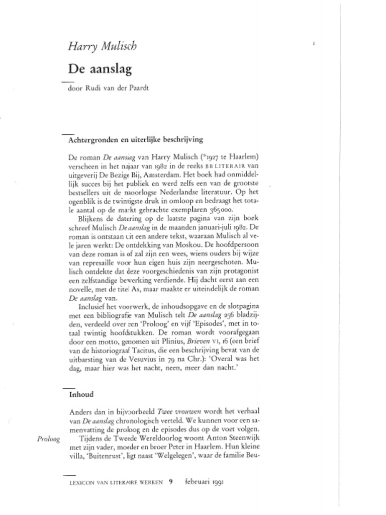 De Aanslag - Lexicon Van Literaire Werken - Harry Mulisch | PDF