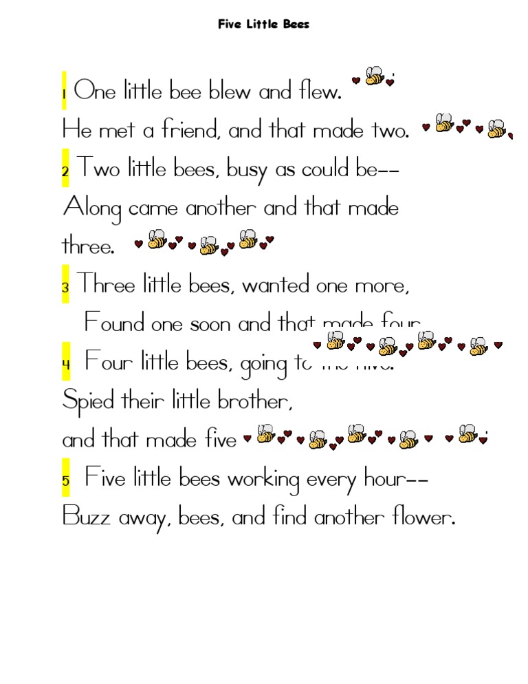 Five Little Bees Nursery Rhyme | PDF