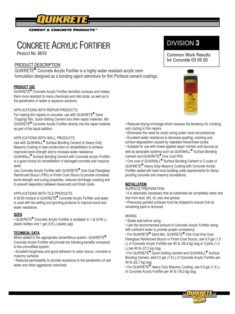 DATA - SHEET-Concrete Acrylic Fortifier 8610 | PDF | Concrete | Poly ...