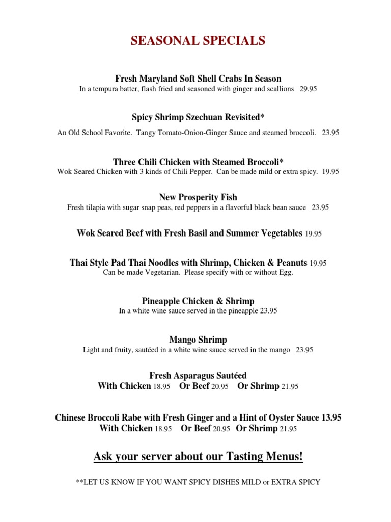 Seasonal Specials: Ask Your Server About Our Tasting Menus! | PDF ...