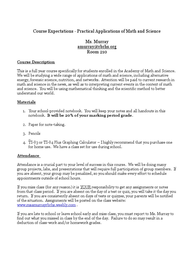 Course Expectations Math Science 15-16 | PDF | Homework | Quiz