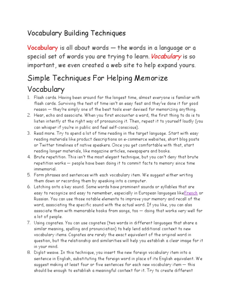 Vocabulary Building Techniques | PDF | Recall (Memory) | Vocabulary