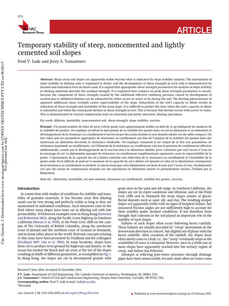 Temporary Stability of Steep, Noncemented and Lightly Cemented Soil ...