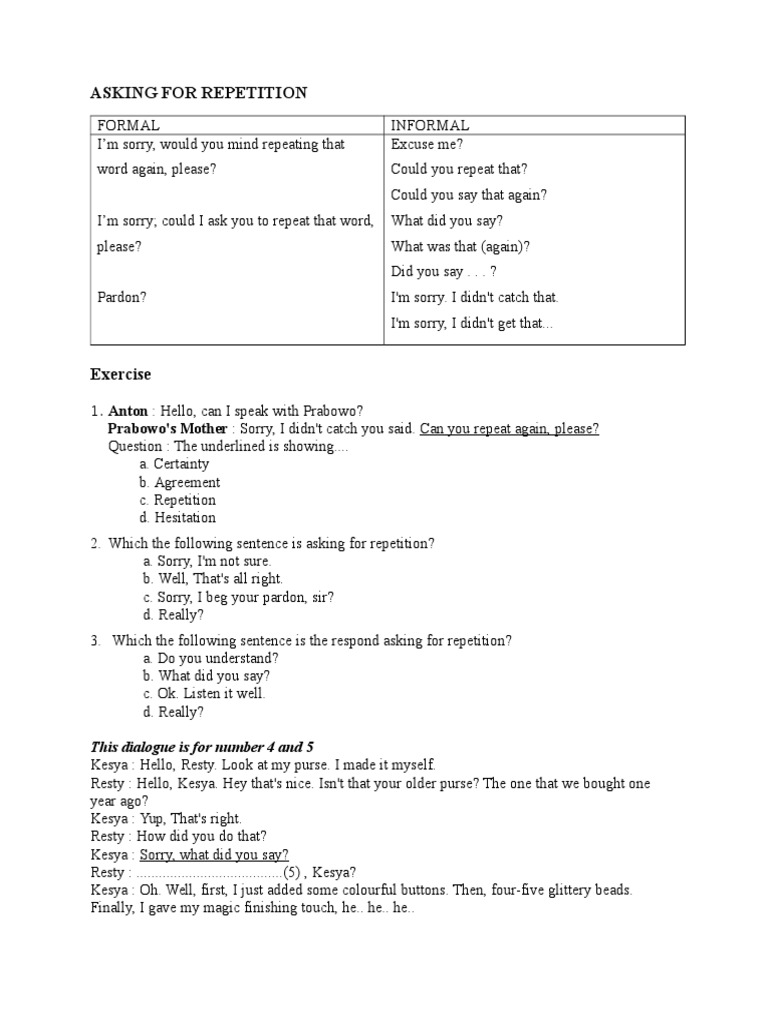 Asking for Repetition Formally and Informally | PDF | Leisure