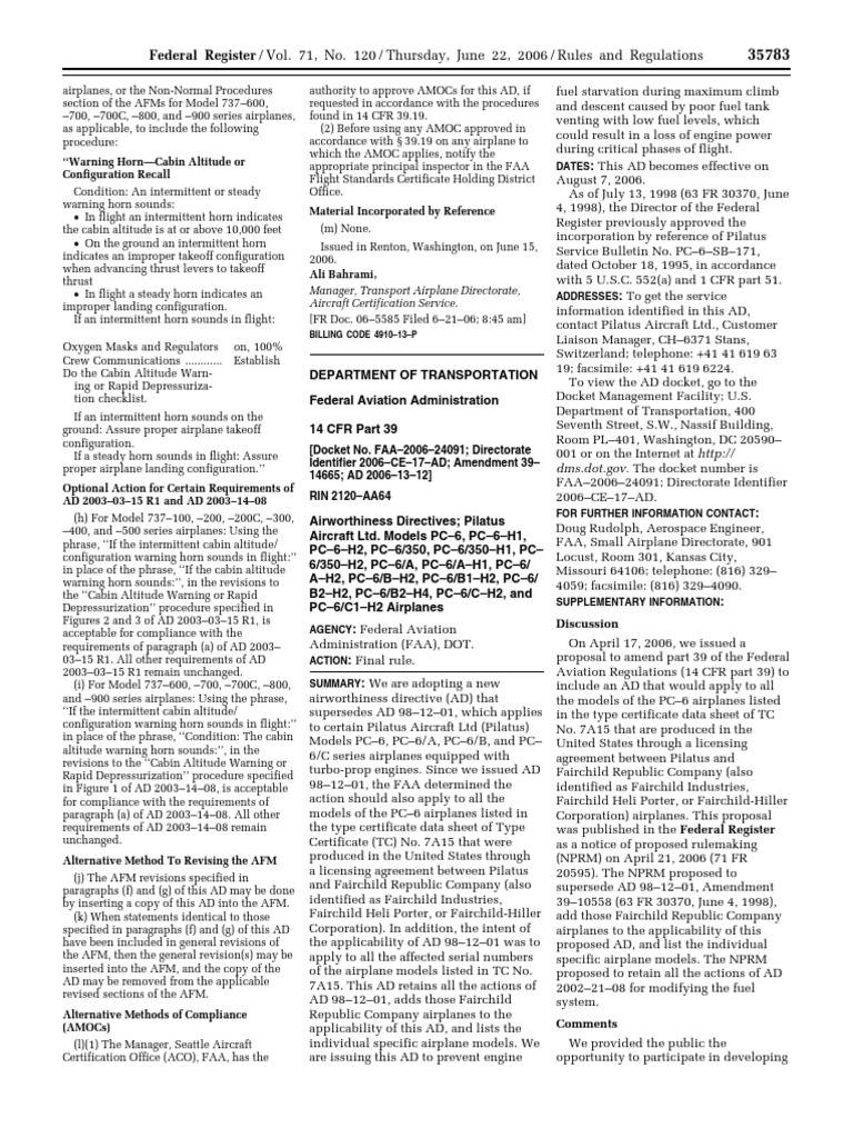 Rule: Airworthiness Directives: Pilatus Aircraft Ltd. | PDF | Federal ...