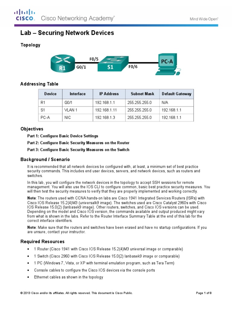 11.2.4.6 Lab - Securing Network Devices | PDF | Secure Shell | Password