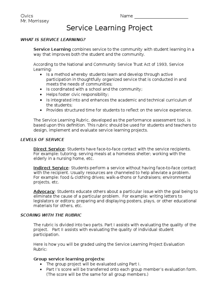 Service Learning Project Rubric | PDF | Service Learning | Rubric ...