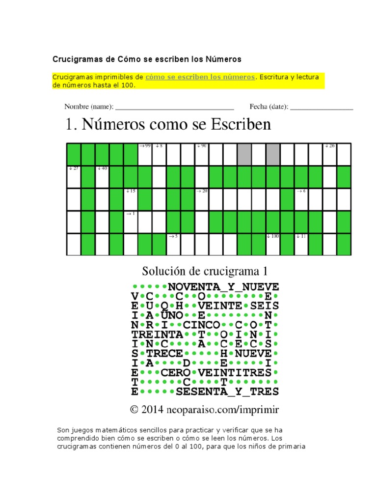 Crucigramas de Cómo Se Escriben Los Números | PDF
