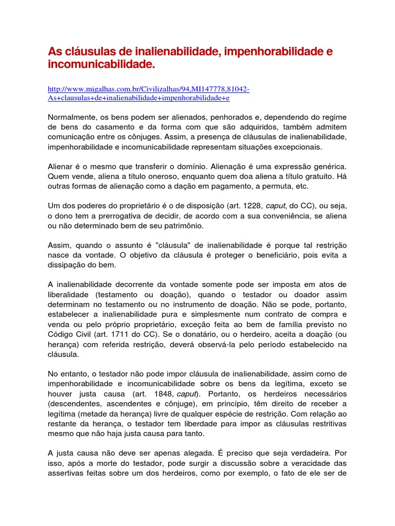 As Cláusulas de Inalienabilidade | PDF | Testamento | Herança