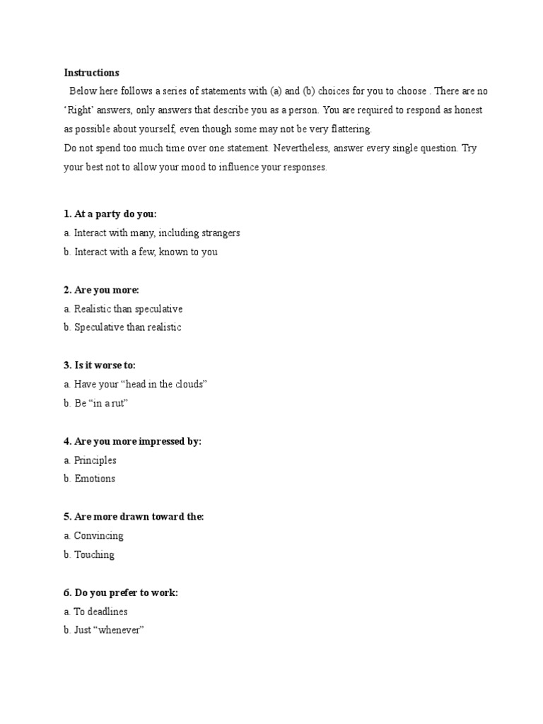 MBTI Questionnaire | PDF | Psychology | Psychological Concepts
