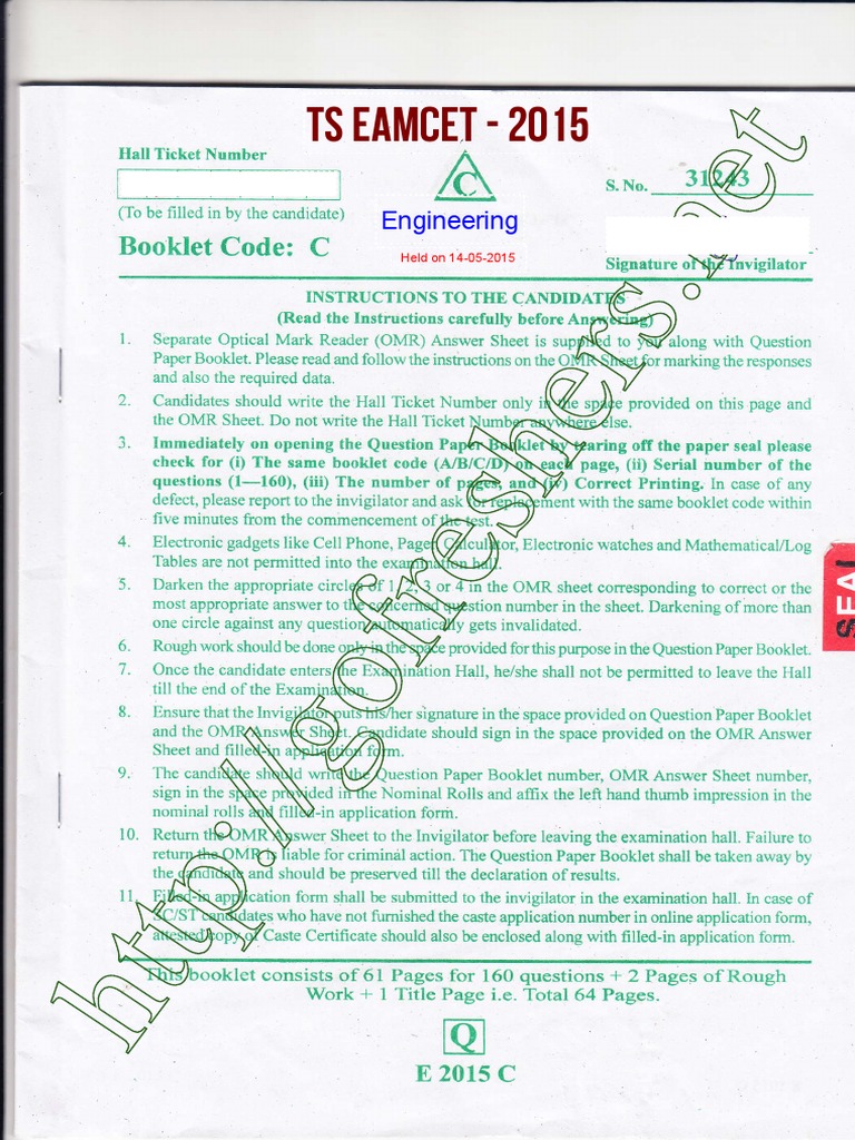 TS EAMCET 2015 MPC Question & Answer Key Paper Download | PDF ...