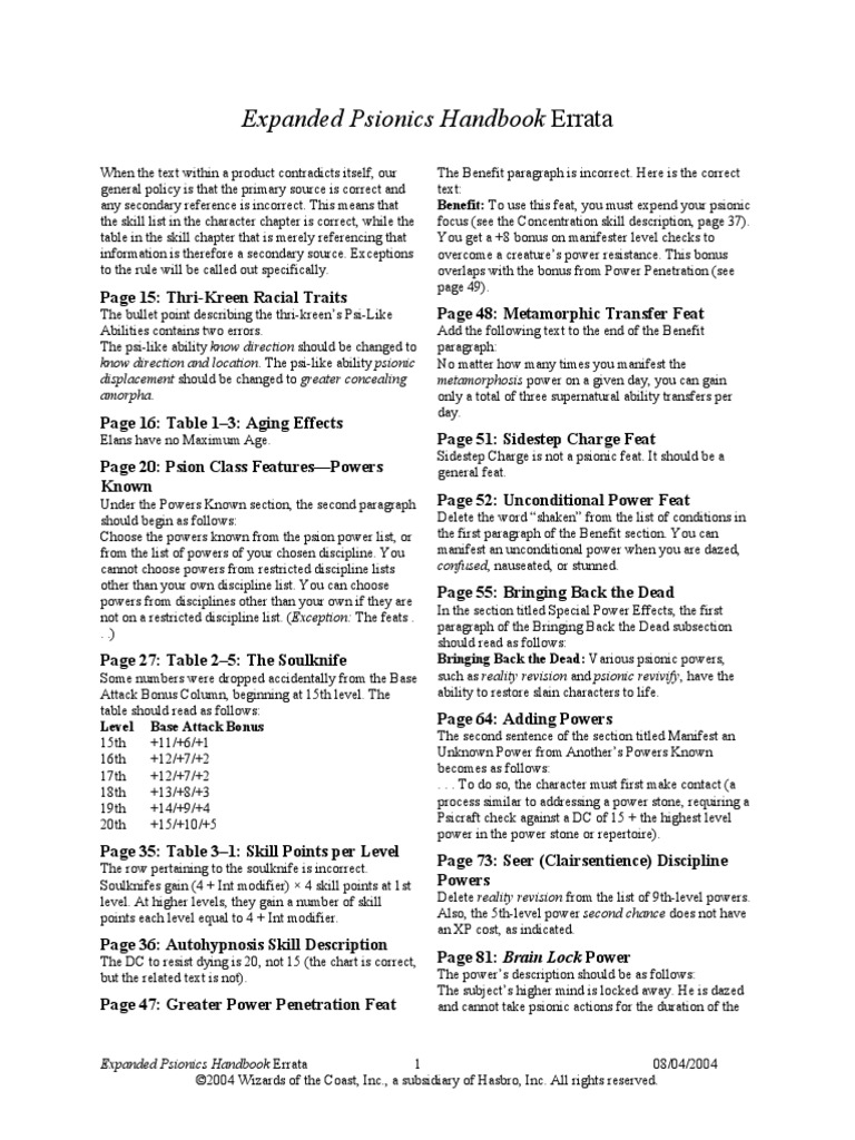 Expanded Psionics Handbook Errata 08042004 | PDF | D20 System | Dungeons & Dragons