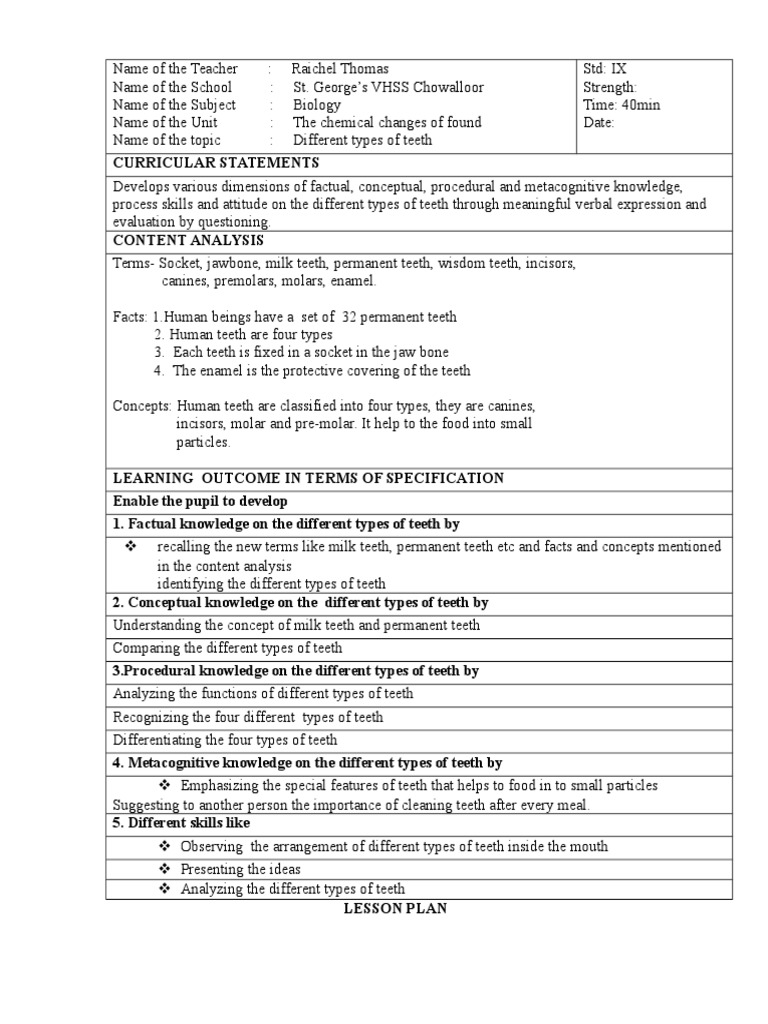 Lesson Plan1 | PDF | Tooth | Human Tooth
