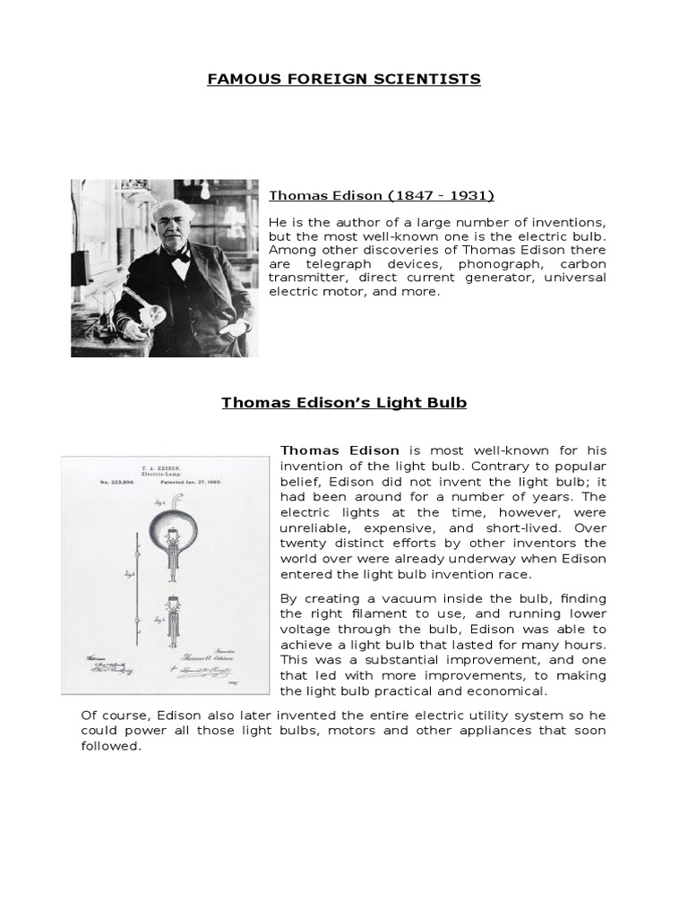 Famous Foreign Scientists | PDF | Thomas Edison | Incandescent Light Bulb