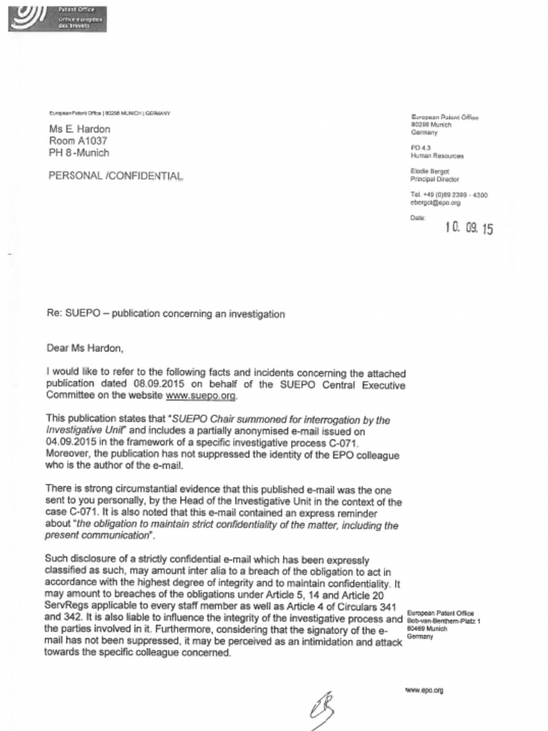 15-09-10 EPO Letter To SUEPO Munich Chair | PDF