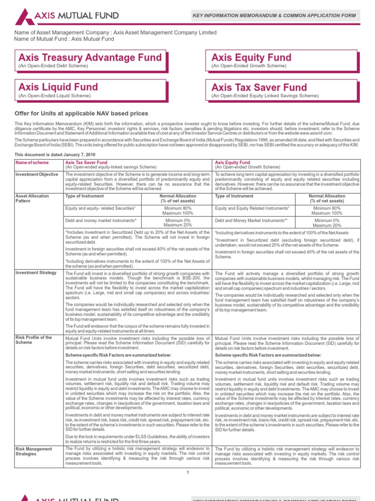 Axis Mutual Fund Common Application Form | PDF | Financial Risk ...