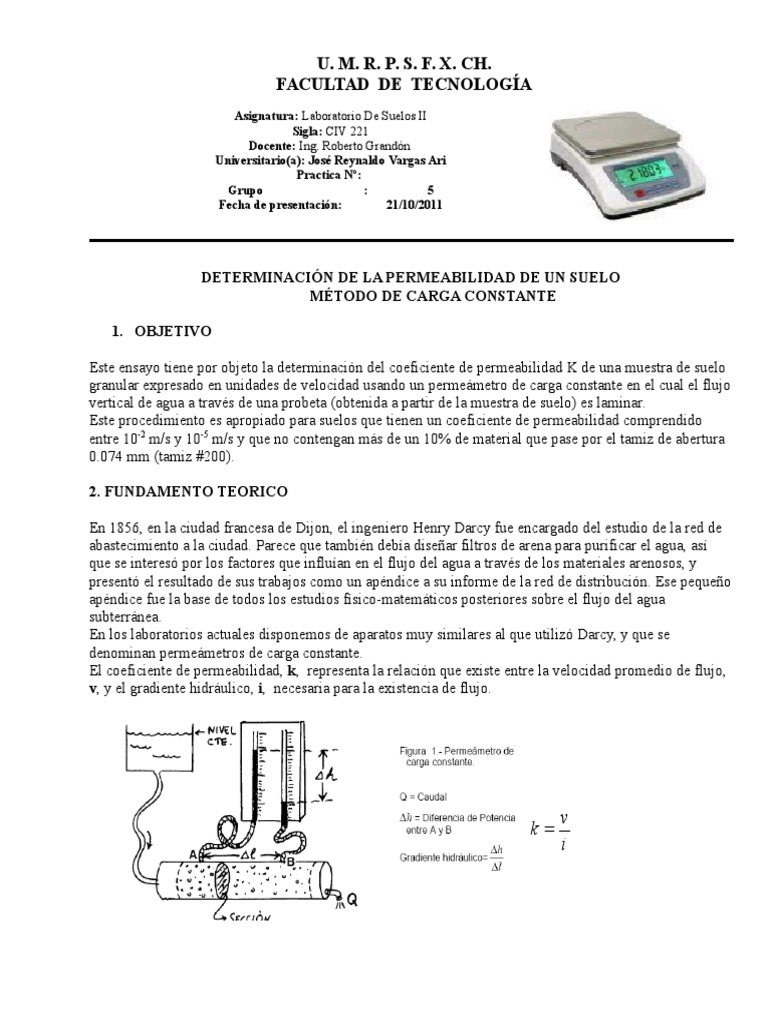 Permeametro de Carga Ctte | PDF | Permeabilidad (Ciencias de la Tierra ...