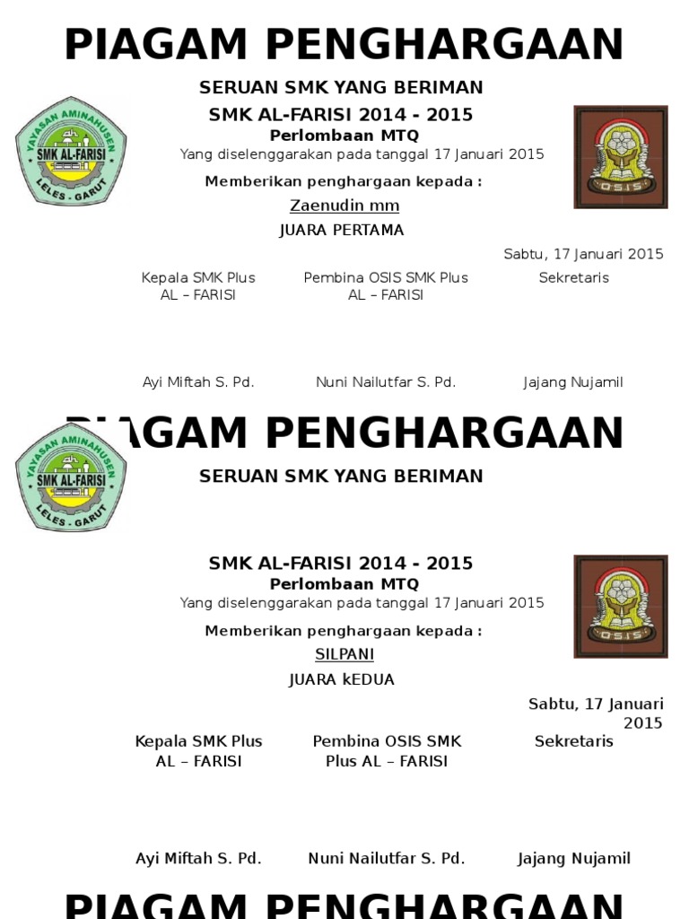 Piagam Penghargaan Lomba MTQ | PDF