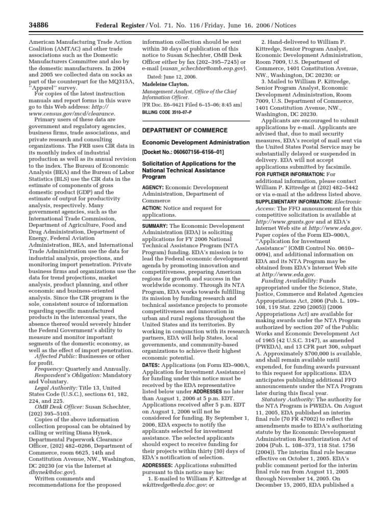 Notice: Grants and Cooperative Agreements Availability, Etc.: National Technical Assistance ...