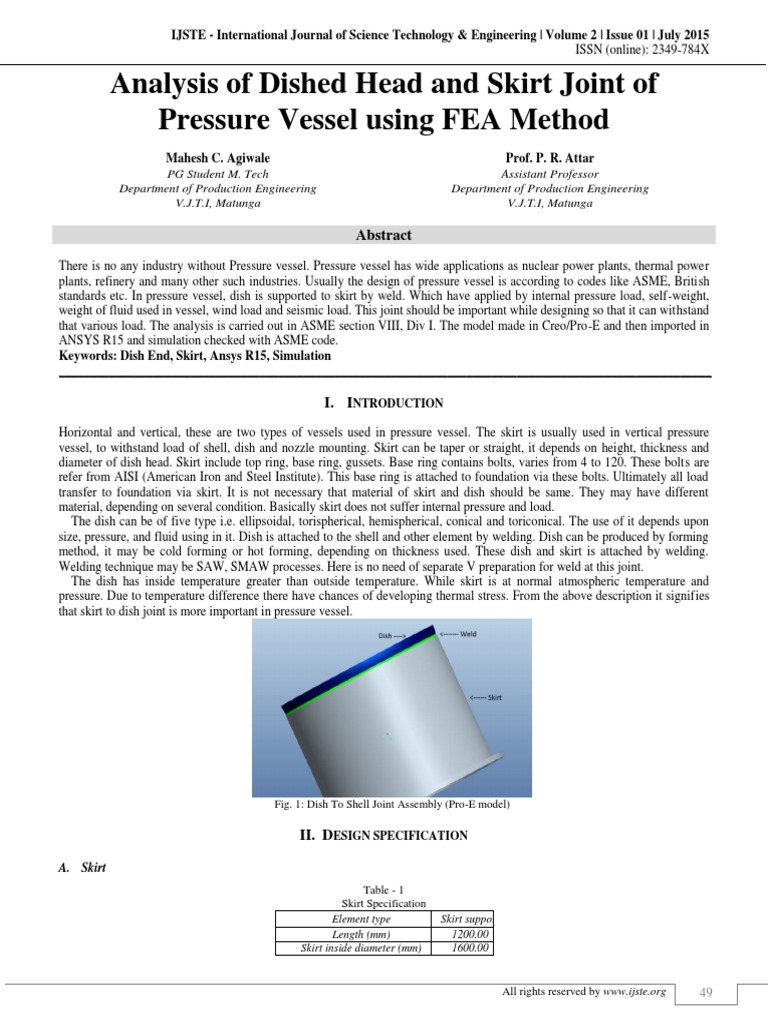 Analysis of Dished Head and Skirt Joint of Pressure Vessel using FEA ...