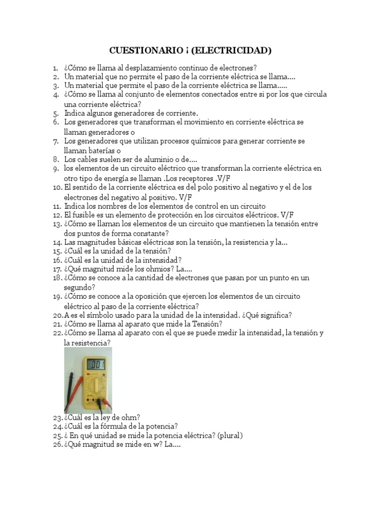 cuestionario electricidad -básico 1 | Corriente eléctrica | Resistencia ...