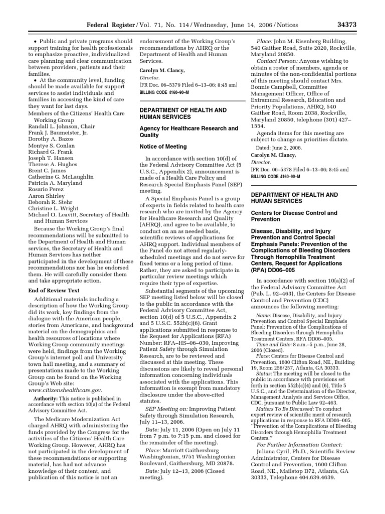 Notice: Meetings: Disease, Disability, and Injury Prevention and ...