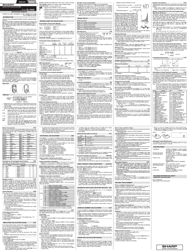 Sharp El 520x Manual | PDF