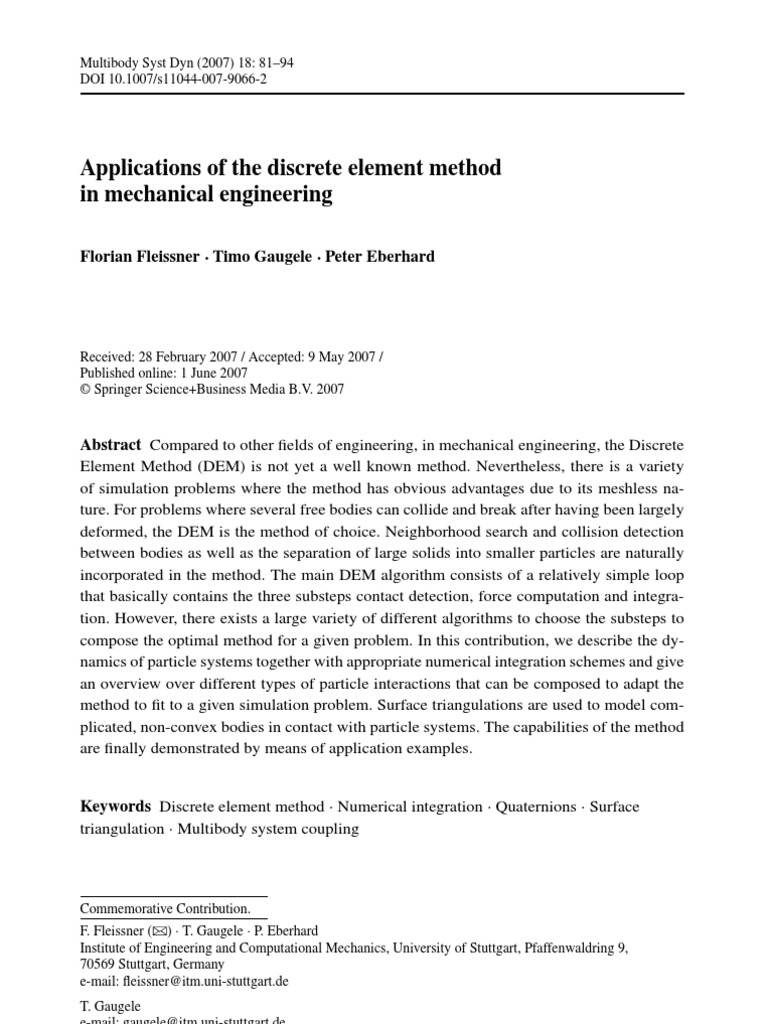 Applications of The Discrete Element Method in Mechanical Engineering ...
