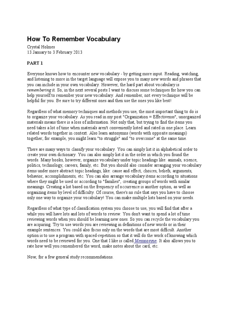 How To Remember Vocabulary PDF | PDF | Vocabulary | Memory