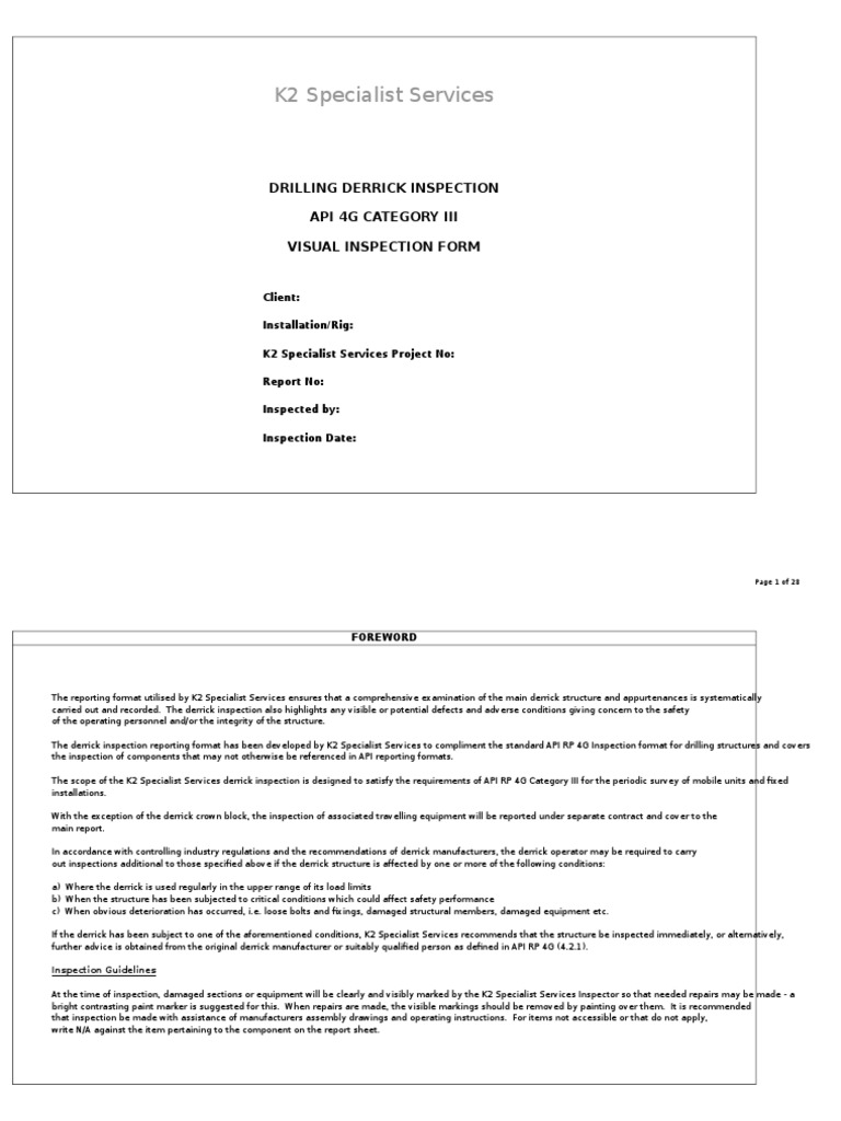 Derrick Inspection Report Template | PDF | Nut (Hardware) | Screw