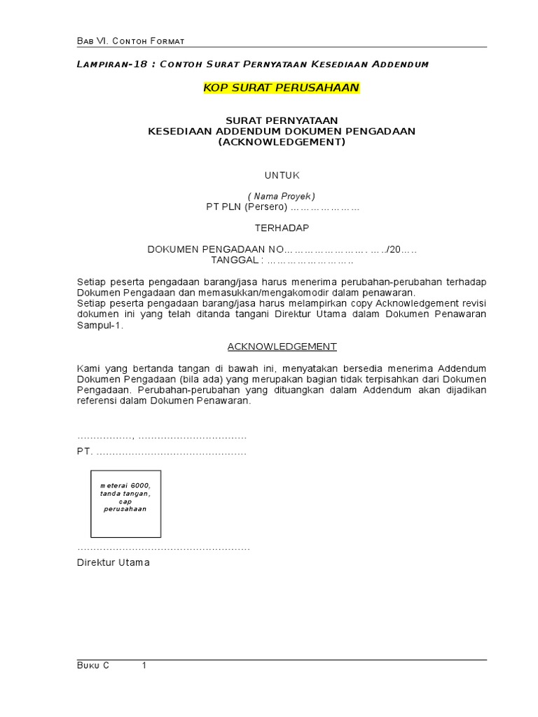 Contoh Surat Pernyataan Kesediaan Addendum | PDF
