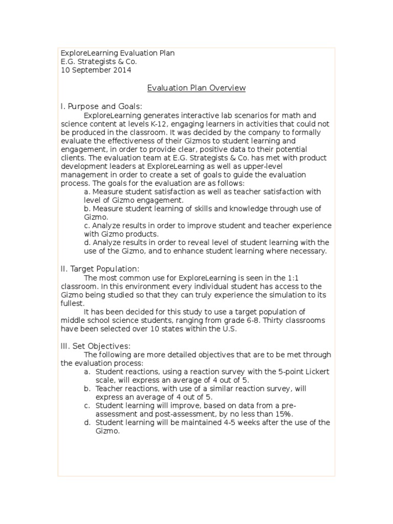 ExploreLearning Gizmos Evaluation Plan | PDF | Educational Assessment ...