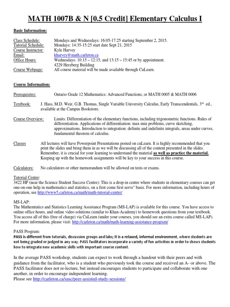Course Outline - MATH 1007 - Carleton University | PDF | Derivative ...