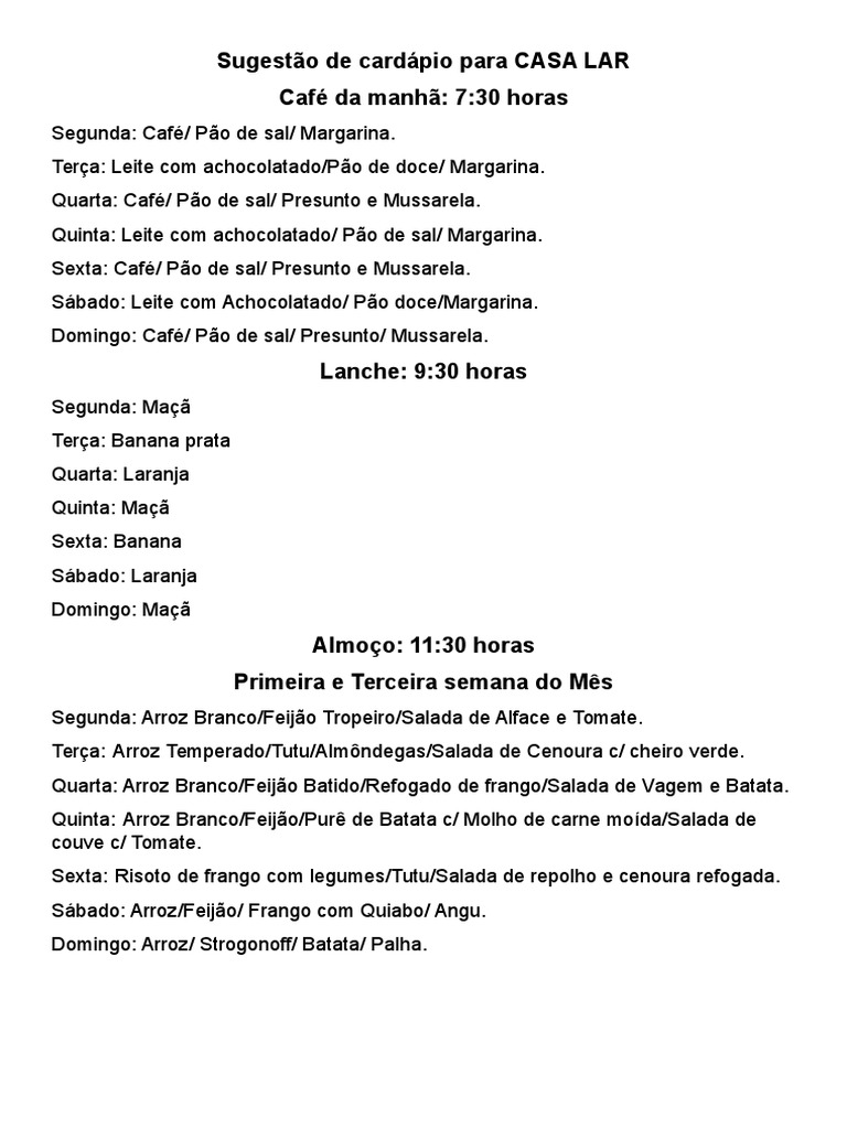 Sugestão de Cardápio para CASA LAR | PDF | Culinária vegana | Alimentos