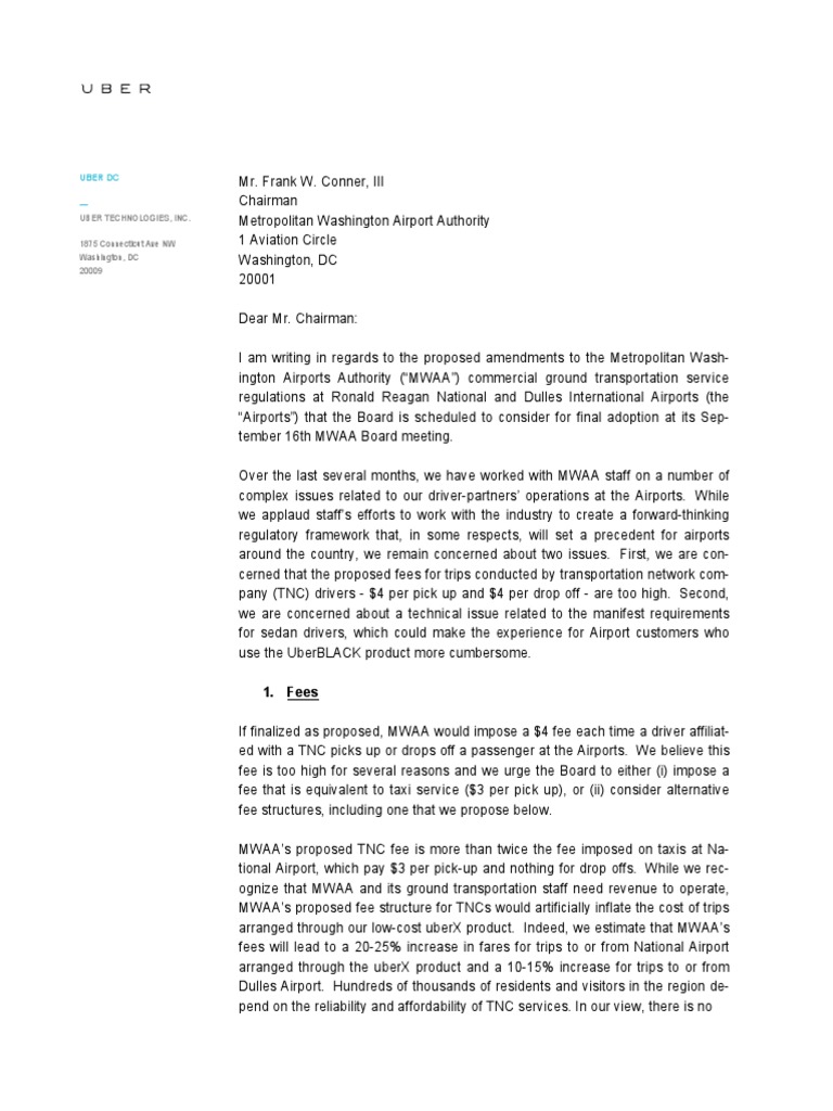 Uber's Letter To MWAA | Download Free PDF | Uber (Company) | Taxicab