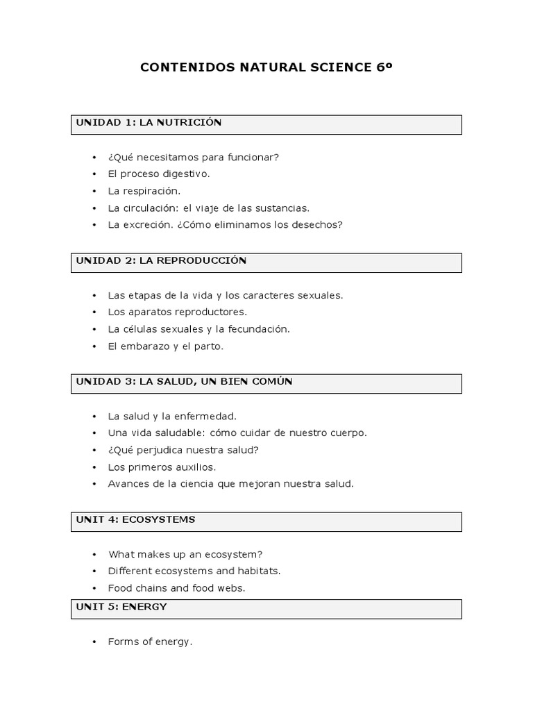 Contenidos Natural Science 6º | PDF