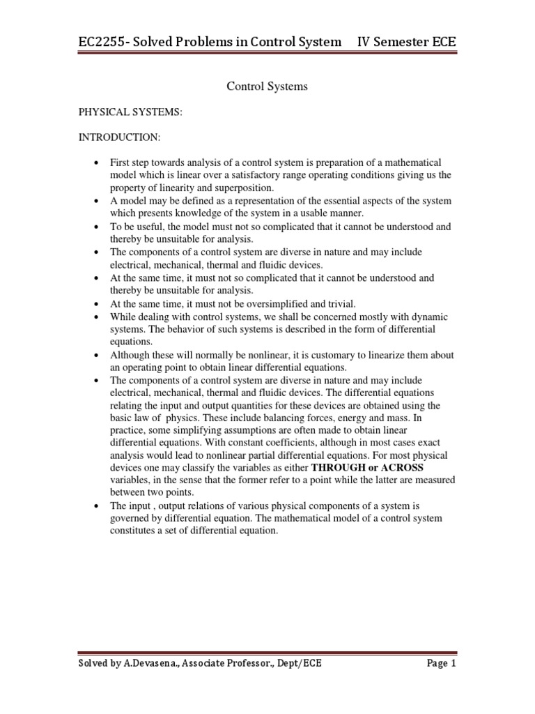 EC2255-Solved Problems in Control Systems PDF | PDF | Nonlinear System | Linearity