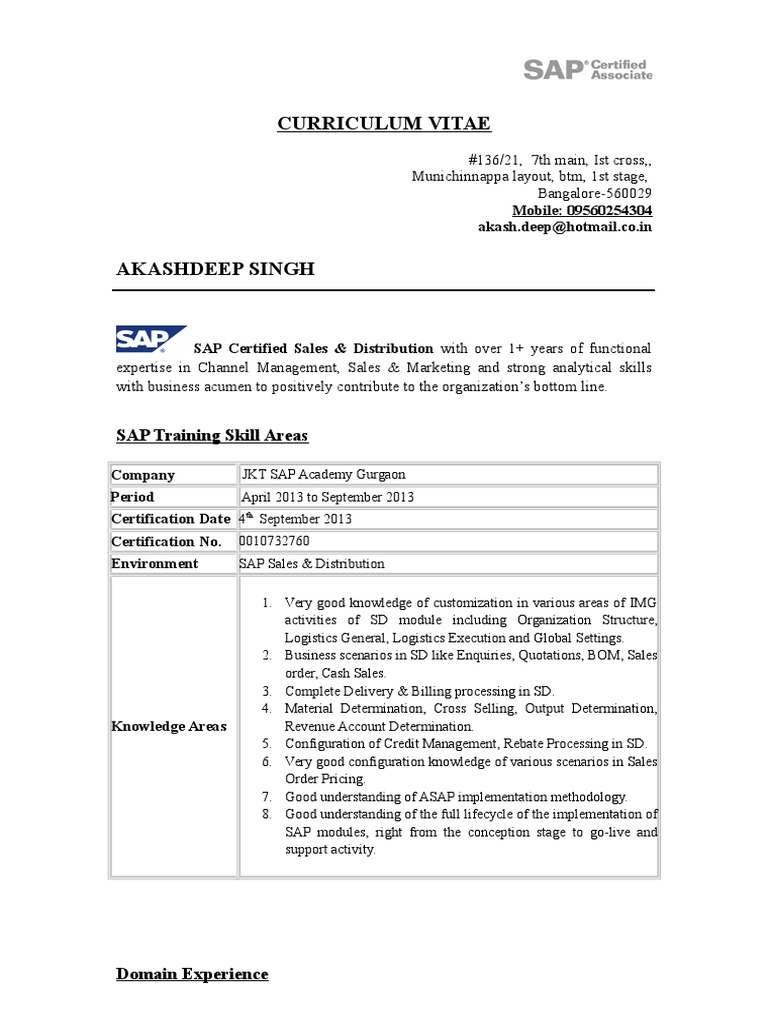 SAP SD Resume | PDF | Sales | Marketing