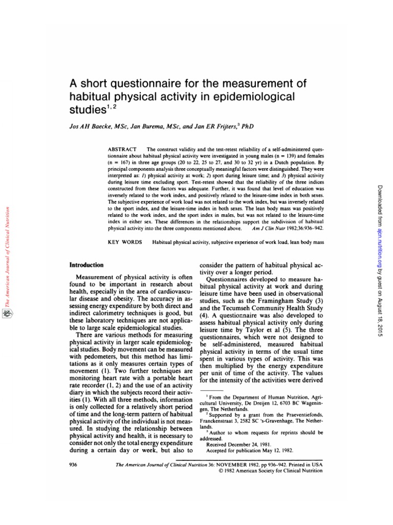 A Short Questionnaire For The Measurement of Habitual Physical Activity in Epidemiological ...